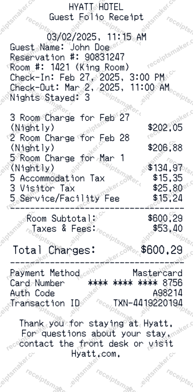 Free Hyatt Hotel Receipt Generator | Receipt Maker