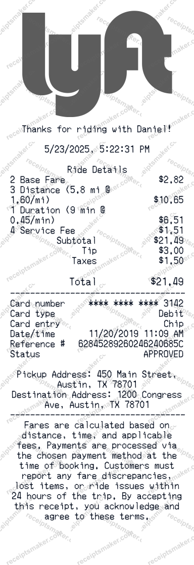 Free Lyft Receipt Generator - Create Rideshare Receipts | Receipt Maker